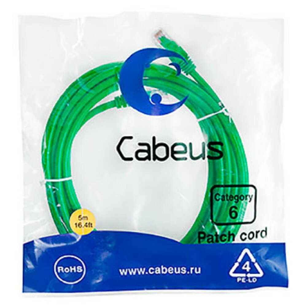 Патч-корд интернет кабель Cabeus PC-UTP-RJ45-Cat.6-5m-GN U/ UTP cat.6 5 м Зеленый