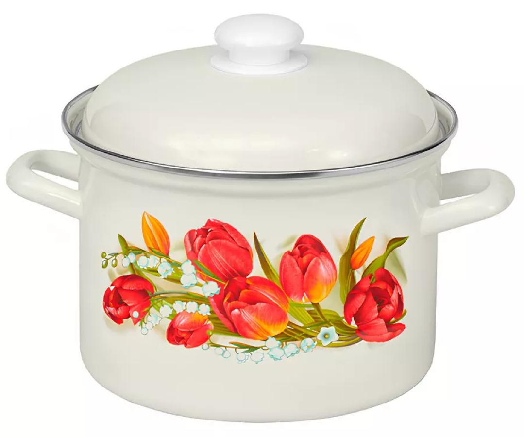 Кастрюля эмалированная Лысьвенские эмали Ласковый май с крышкой, белого цвета с рисунком, объем 4.5л / посуда для всех видов плит