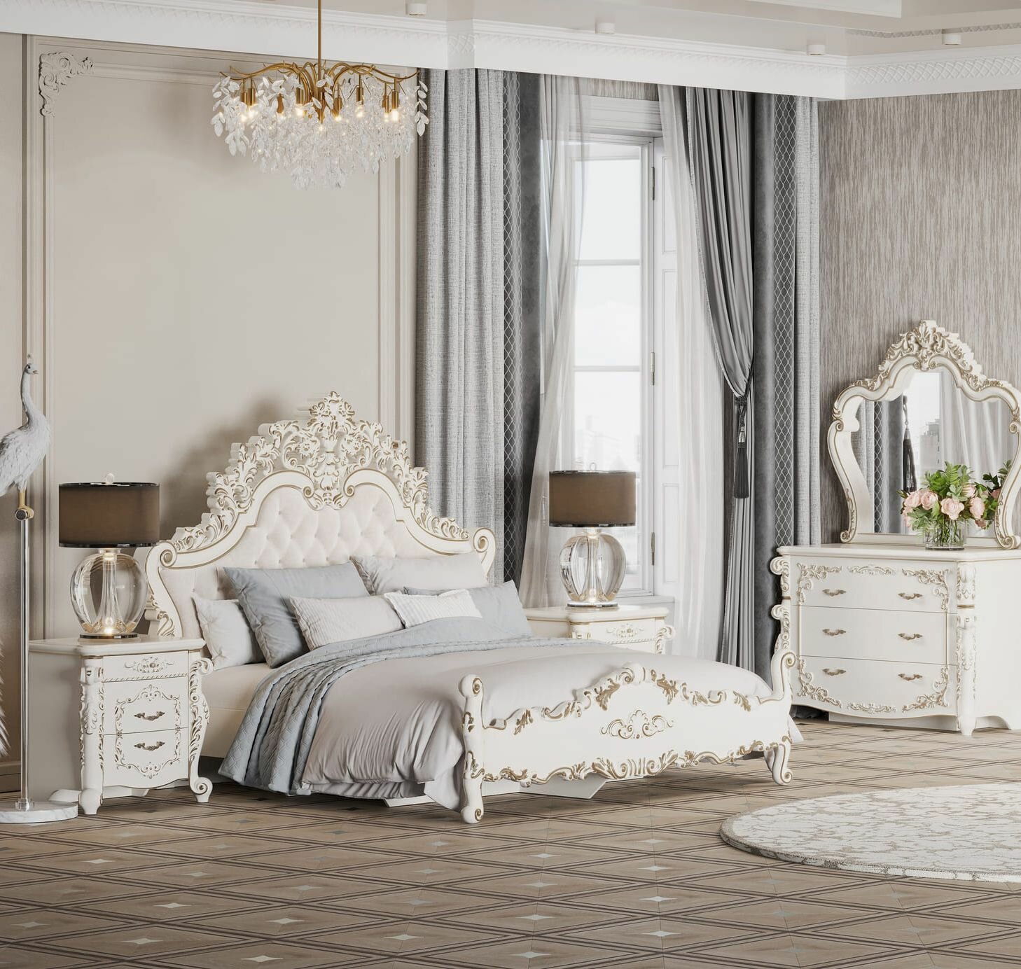 Спальный гарнитур Арида Венеция Стайл крем (Кровать 1,8; 2 тумбы; Туалетный стол с зеркалом и пуфом; Шкаф 6 дв)