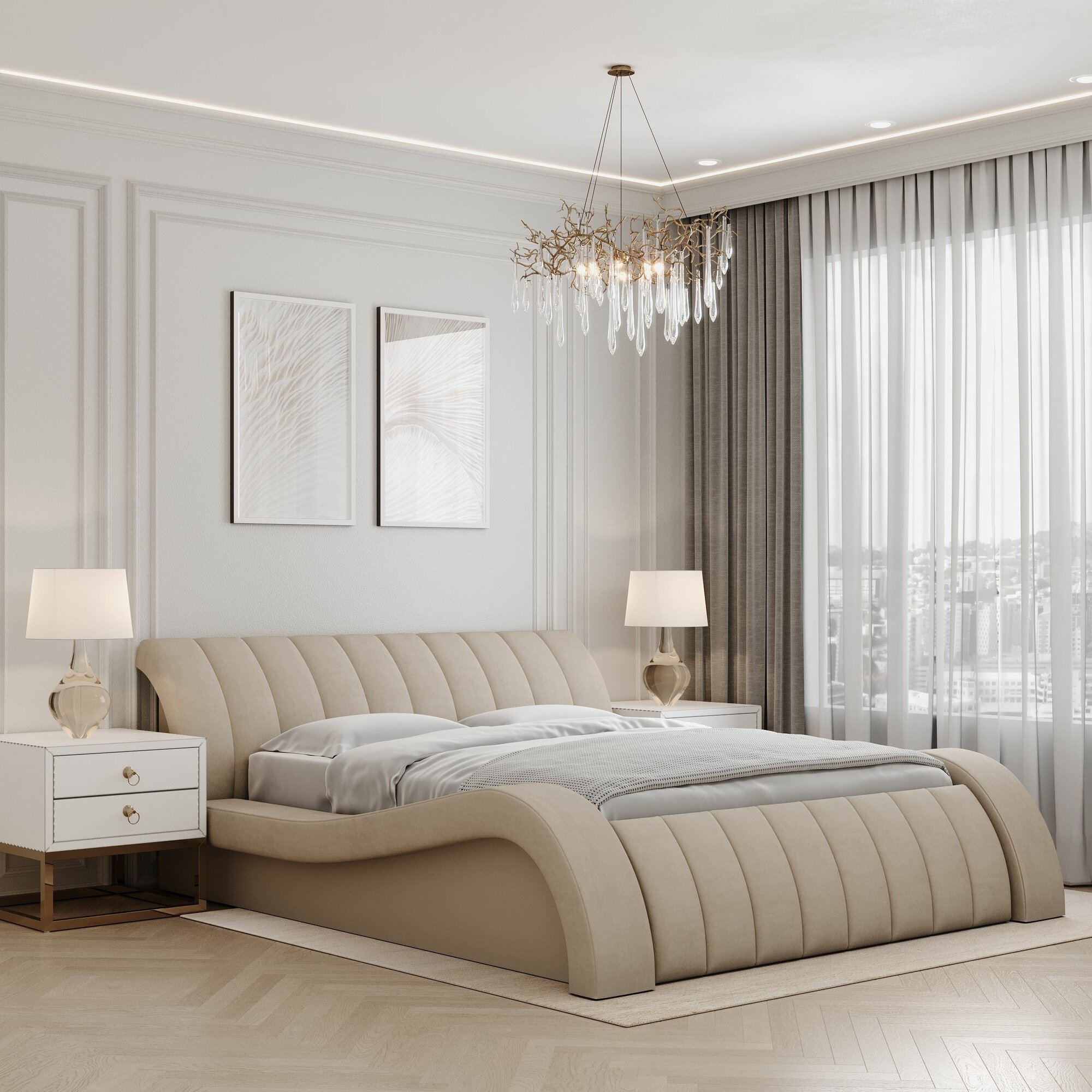 Кровать 160х200 двуспальная с подъемным механизмом, с ящиком для белья, бежевая