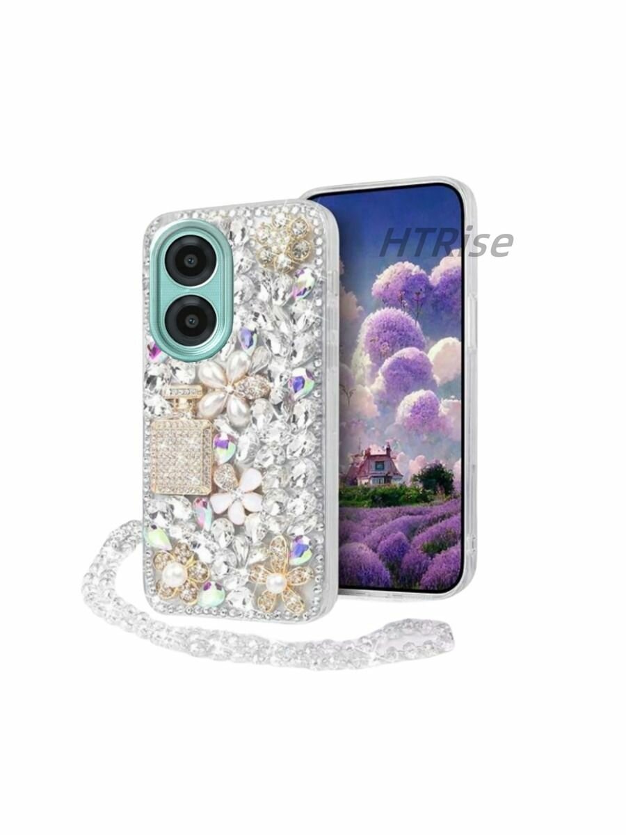 Чехол для Oppo A78 4G / Оппо А78 4G Luxury 3D с бриллиантовым кристаллом, блестящим флаконом духов и цветочным чехлом для телефона, блестящей цепочкой и ремешком-шнурком