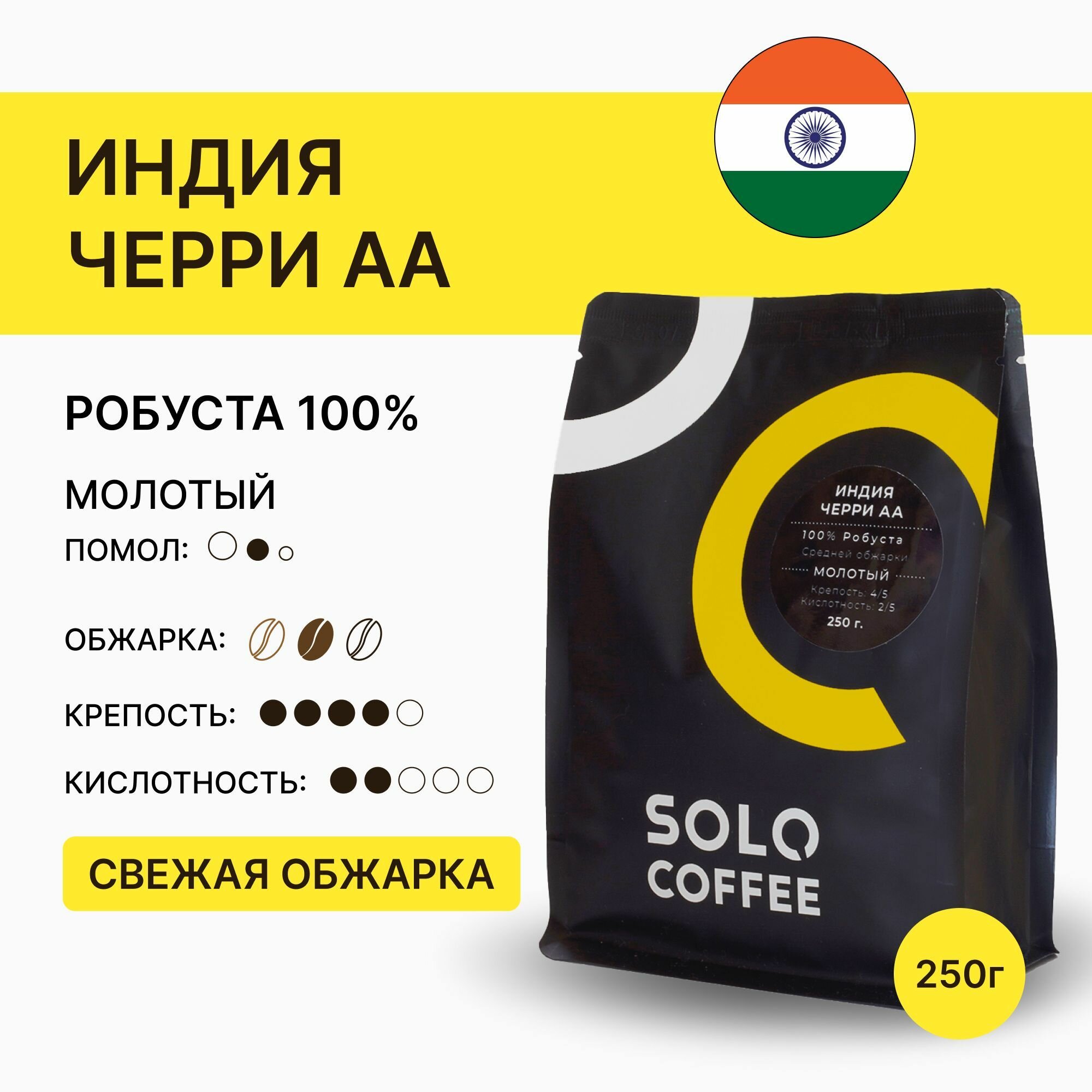 Кофе молотый Solo Coffee Индия Черри АА, 250 г, Робуста, свежеобжаренный