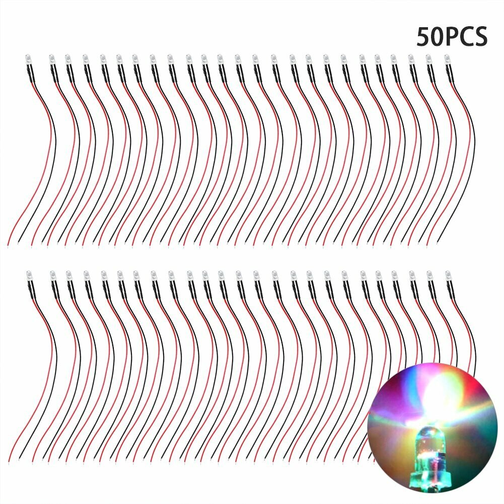 50шт 12 В Предварительно Подключенный Светодиод с Круглой Головкой Светодиодный Световой Шарик 5 мм Многоцветный Быстрый Мигающий
