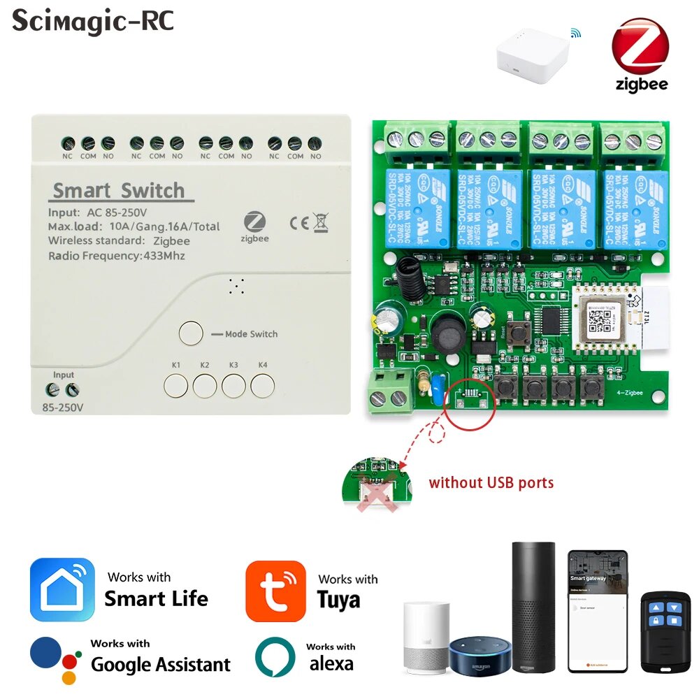 Scimagic-RC Zigbee 4-канальный интеллектуальный переключатель 4CH 7-32V