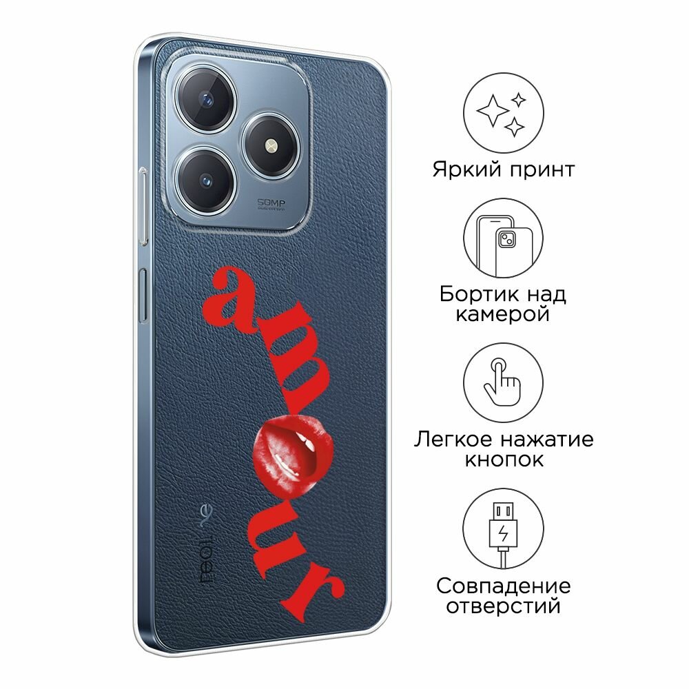 Чехол на Realme C63 / Реалми С63 с принтом "Amour lips - 14 февраля", прозрачный — фото 1