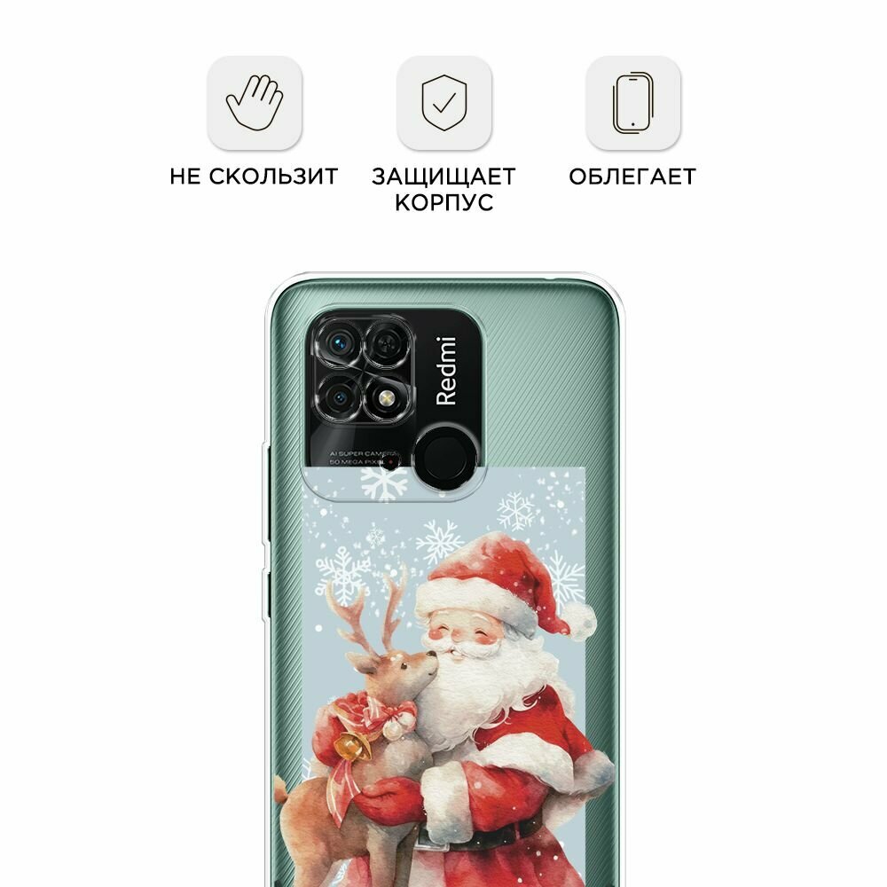 Чехол на Xiaomi Redmi 10C / Сяоми Редми 10C с принтом Санта с оленем, прозрачный — фото 1