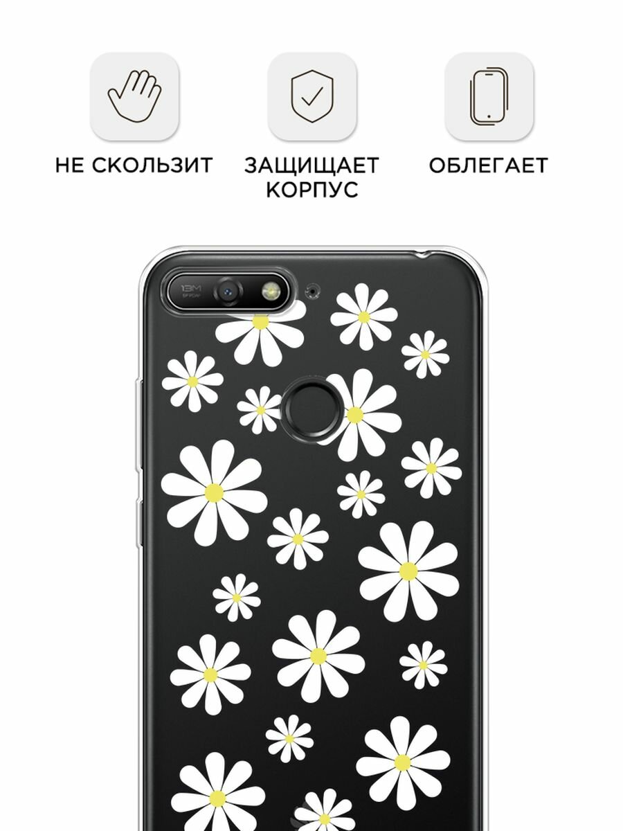 Чехол на Honor 7C/7A Pro/Huawei Y6 Prime 2018 / Хонор 7С/7А Про с принтом "Большие ромашки", прозрачный — фото 1