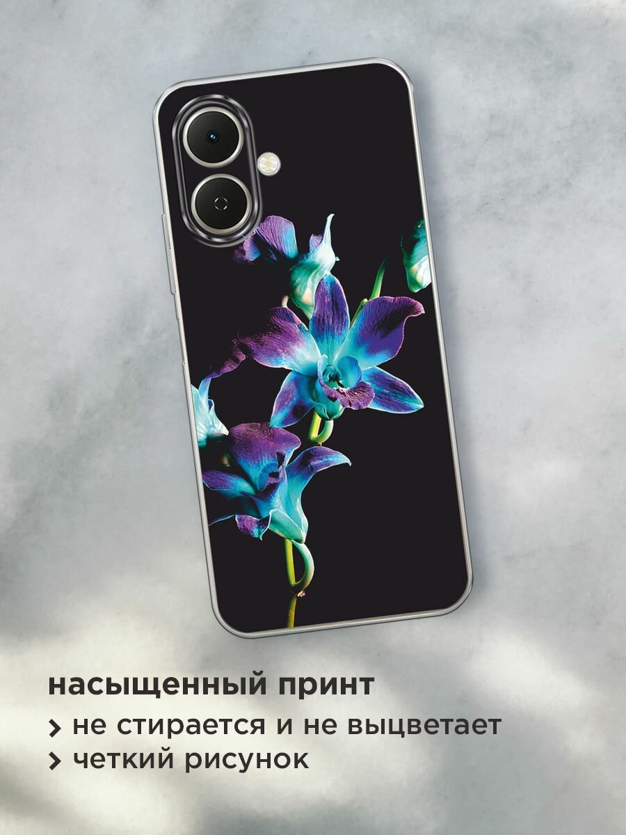 Чехол на Tecno Spark Go 2 / Текно Спарк Го 2 с принтом "Синий цветок на черном" — фото 1