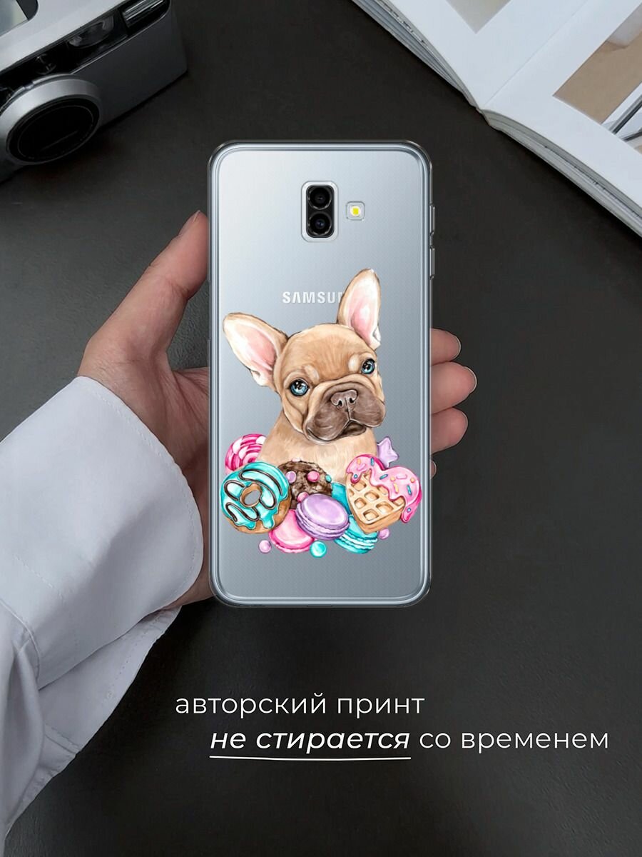 Чехол на Samsung Galaxy J6 + / Самсунг Галакси J6 Плюс 2018 с принтом "Бульдог и сладости", прозрачный — фото 1