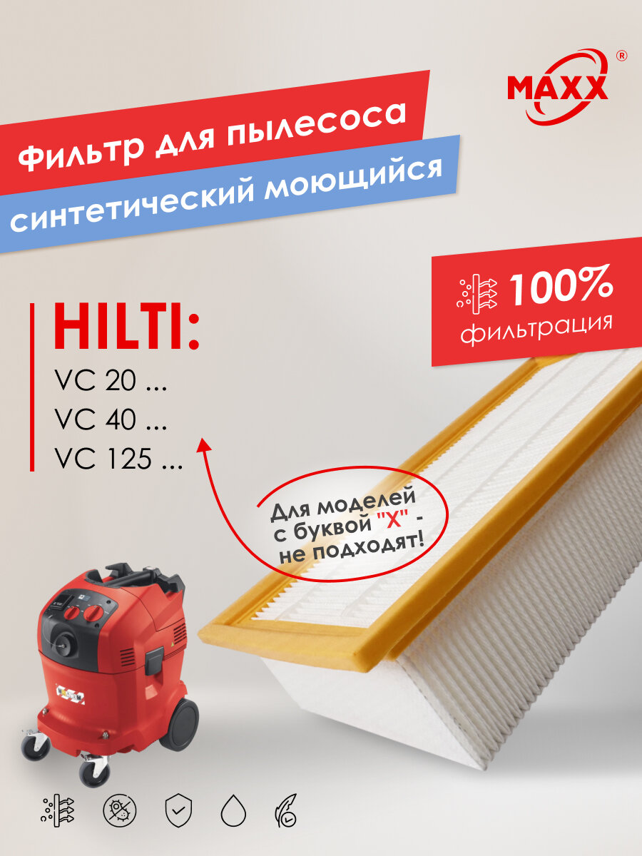 HEPA фильтр для пылесоса Hilti VC 20 U, UL, UM, UME, VC 40 M/U/L, VC 125 плоский моющийся