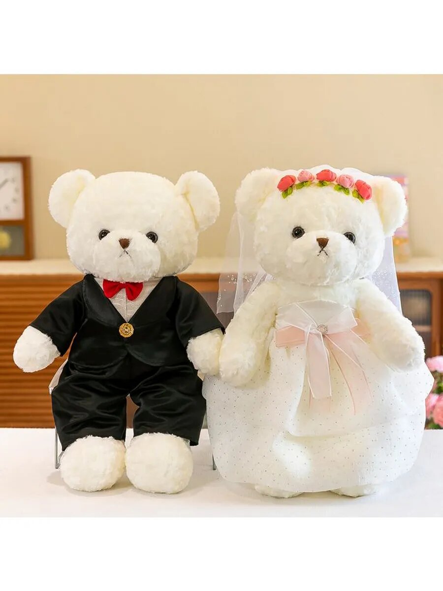 Свадебные мишки (Белый костюм-1, пара с сумками, 75 см)