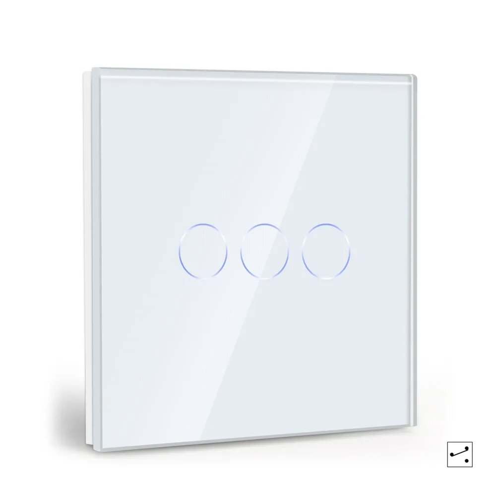 Сенсорный выключатель проходной (переключатель), 3 клавиша, панель стекло Белая