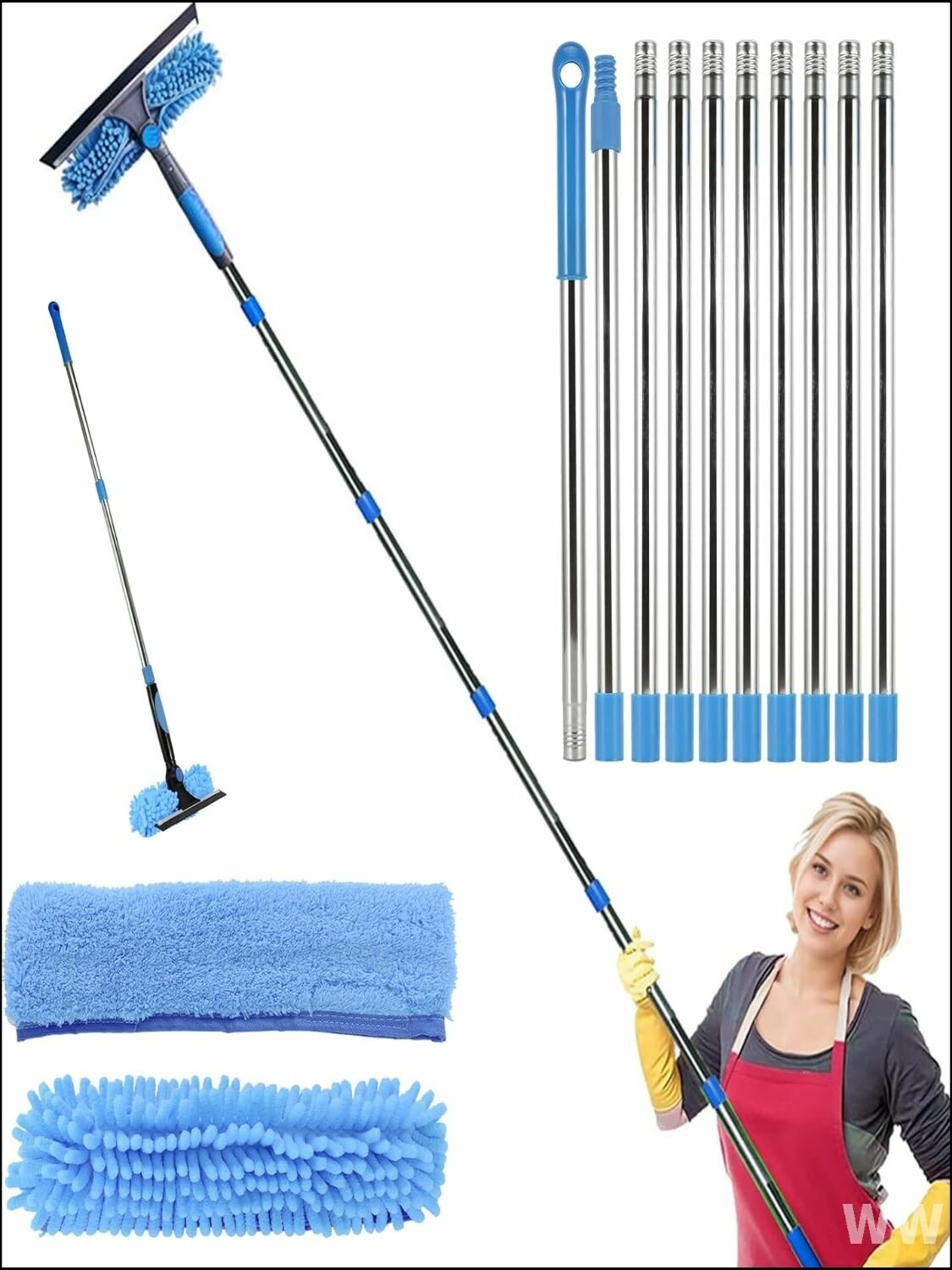 Window Cleaning Kit, 14-футовый 2-в-1 инструмент с 10 расширяемыми полюсами для мытья окон и автомобильных стекол