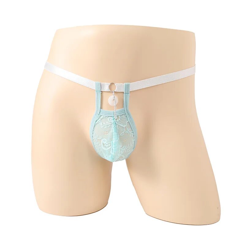 Голубые мужские кружевные стринги XL