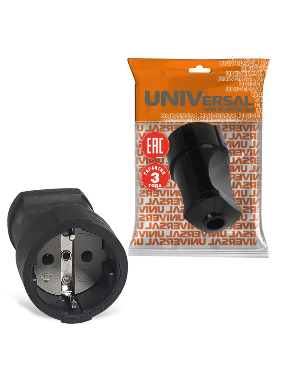 Штепсельное гнездо UNIVersal А1020 с заземлением, 16 А, 250 В, черное, еврослот для ремонта, сборки удлинителей.