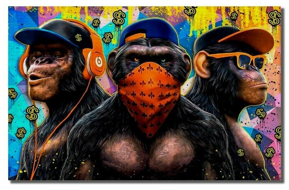 Картина интерьерная на дереве, рисунок Три обезьяны не слышу не вижу не говорю - 6623 Г