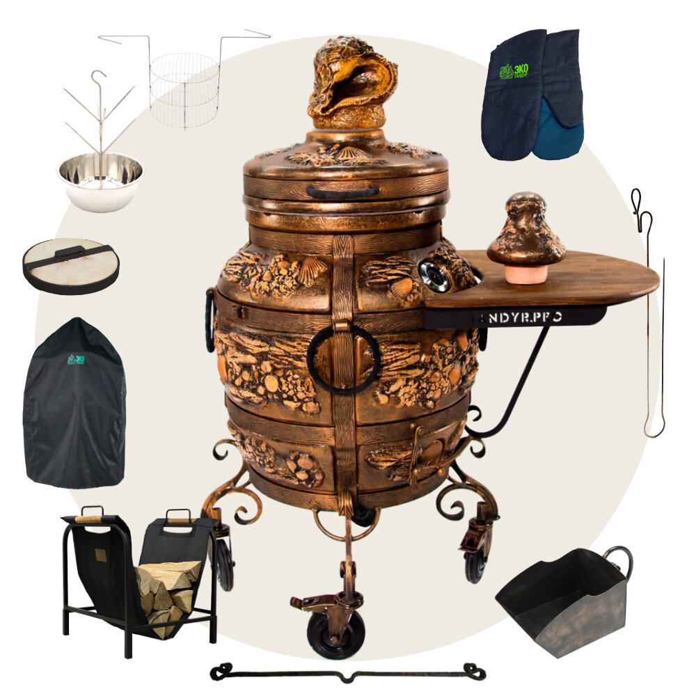 Комплект тандыр "ЭКОтандыр-Посейдон" с откидной крышкой и столиком, на колёсах