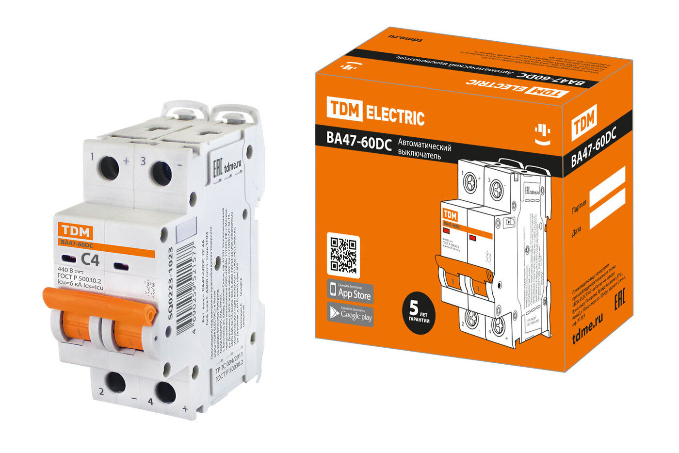 Автоматический выключатель ВА47-60DC 2P 4А 6 кА тип С 440В пост. то кА TDM Electric
