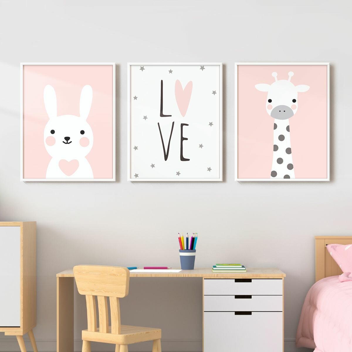 Постер 3 шт 50х70 без рамки "Зайчик и жираф розовый" набор картин для интерьера
