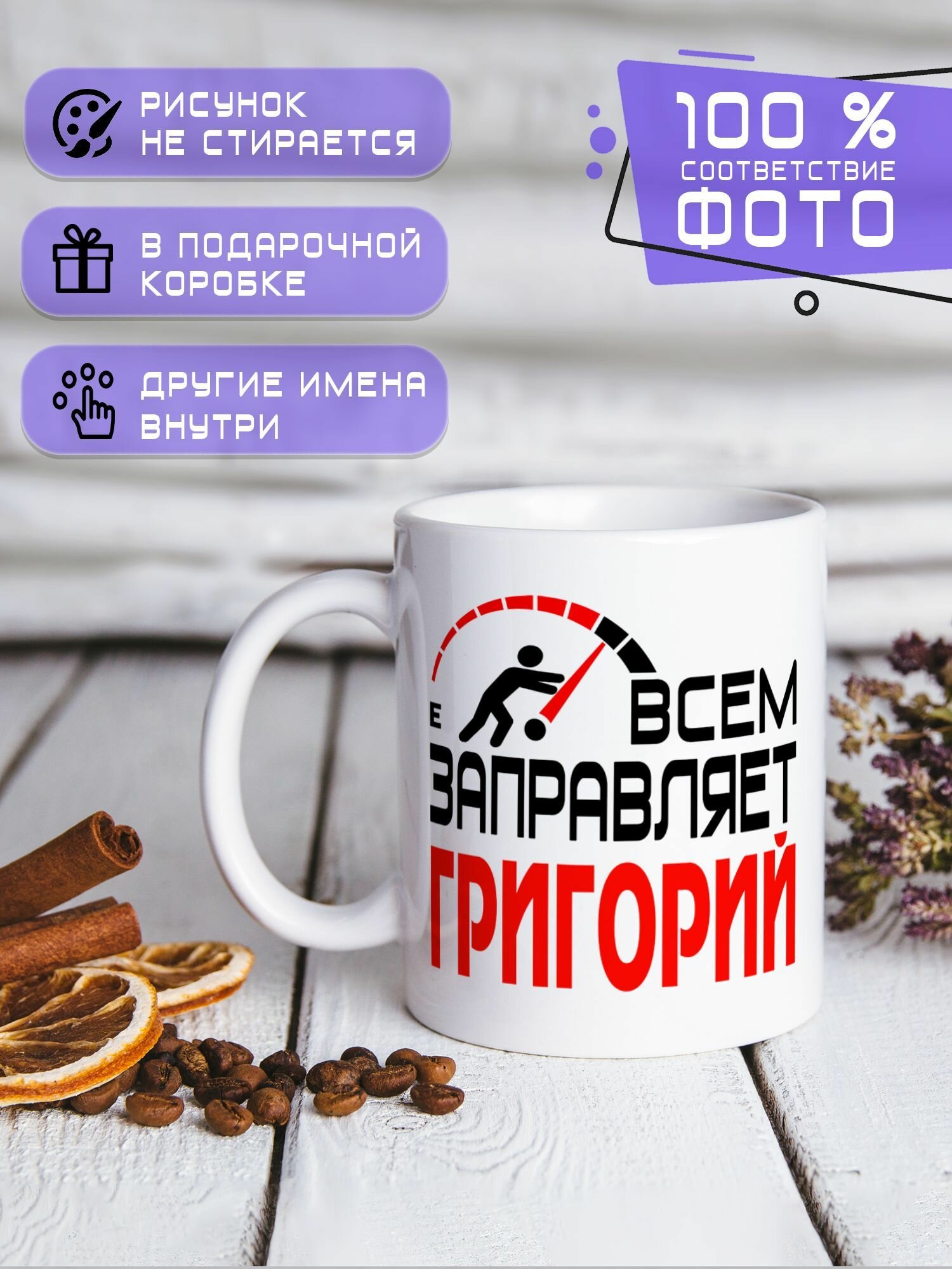 Кружка керамическая подарок на день рождения, именная с принтом "Всем заправляет Григорий"
