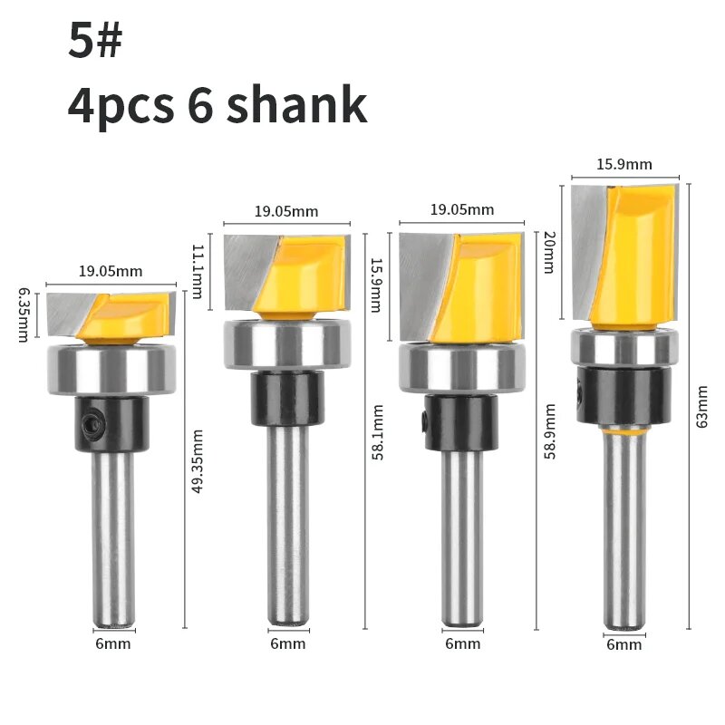 Чистящая нижняя фреза 6 мм 6,35 мм 8 мм, фрезы с нижним подшипником, деревообрабатывающие твердосплавные фрезы, фреза для фрезы по дереву, торцевая фреза 4pcs 6mm shank