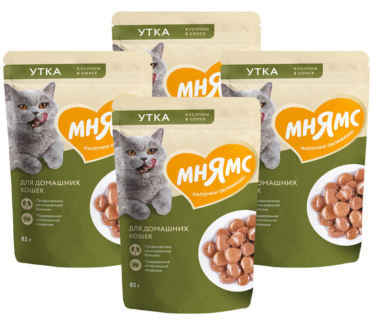 Влажный корм Мнямс для взрослых кошек живущих дома с уткой в соусе пауч, 85 гр х 4 шт