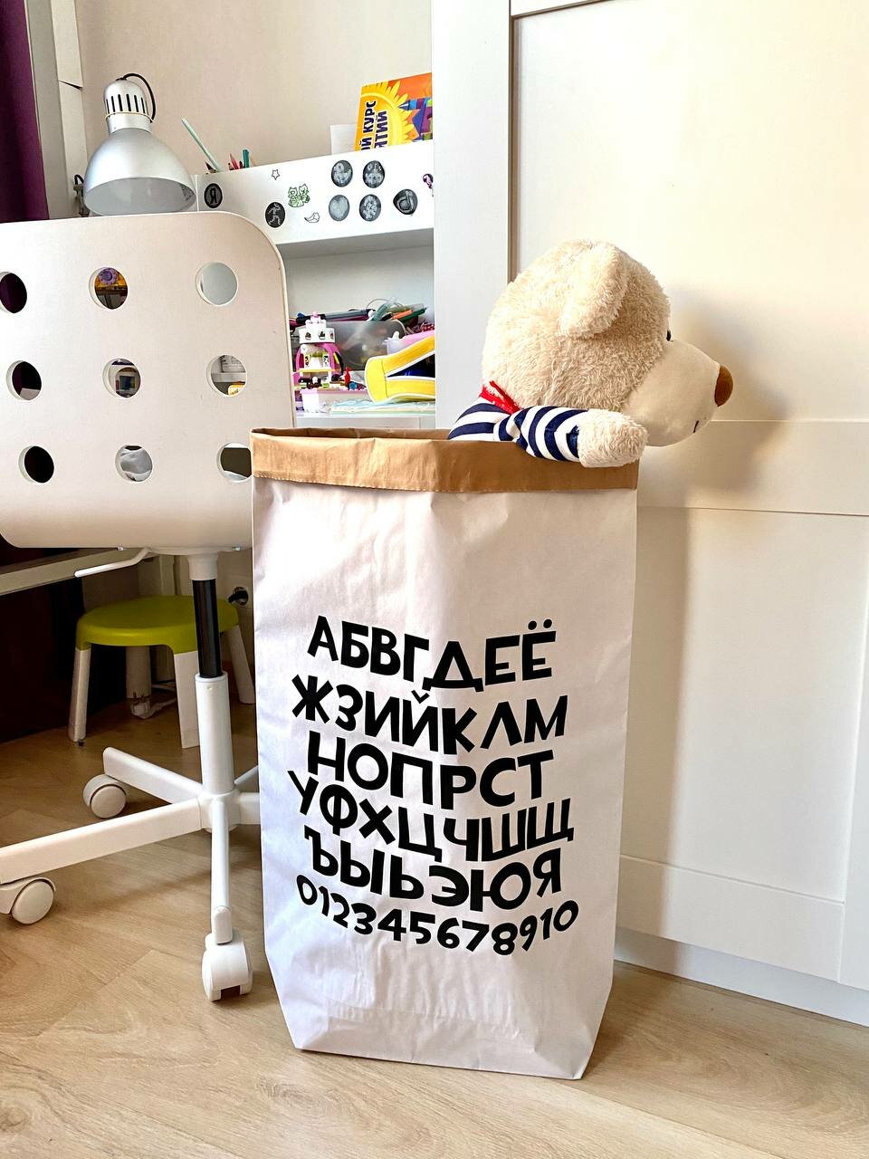 Эко мешок для хранения игрушек в детской Алфавит крафтовый Lisadecor
