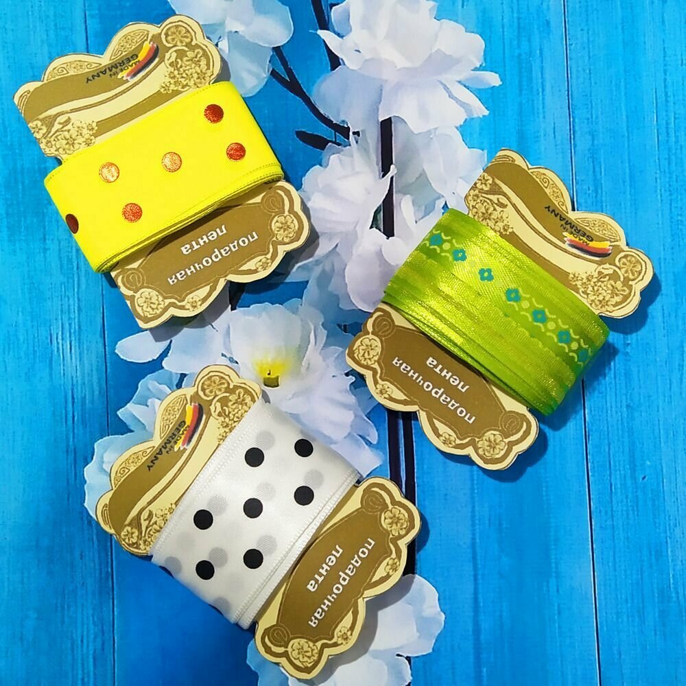 Лента микс декоративная , бант для подарка, набор из трёх лент с принтом горох/орнамент по 2,5 метра