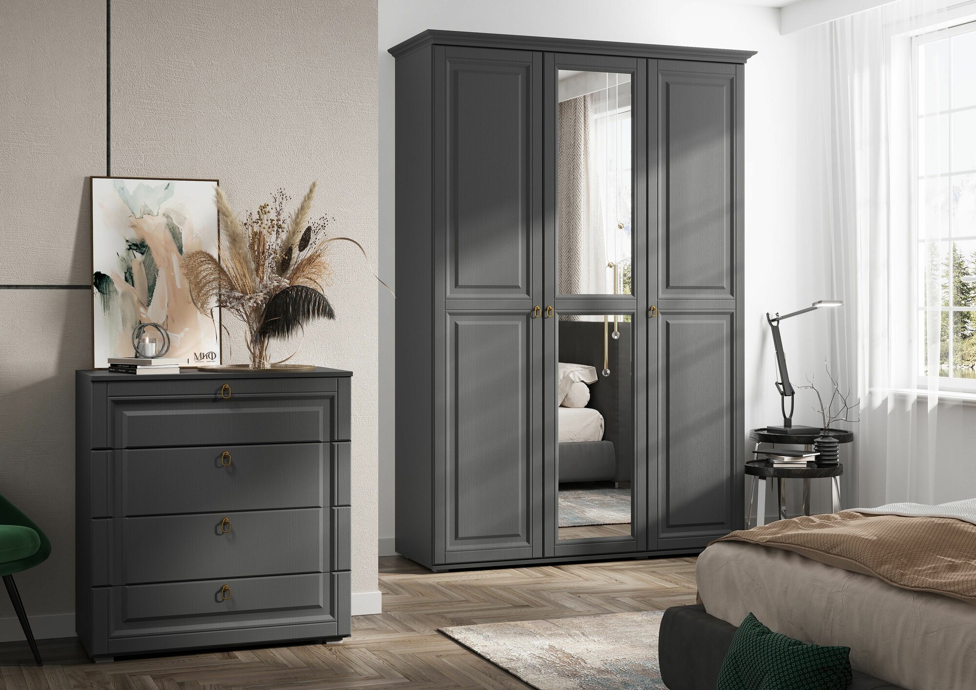 Престиж - 1 Шкаф 3-х створчатый _Графит_Графит_структурный 1500мм