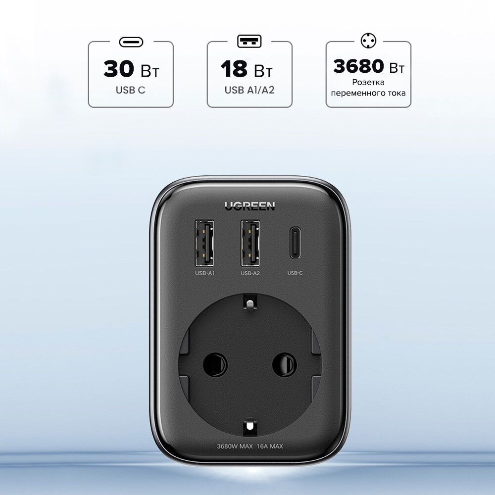 Сетевое зарядное устройство UGREEN CD314 (90613) DigiNest Outlet Extender (1 AC outlets + 30W 2A1C). Цвет: черный