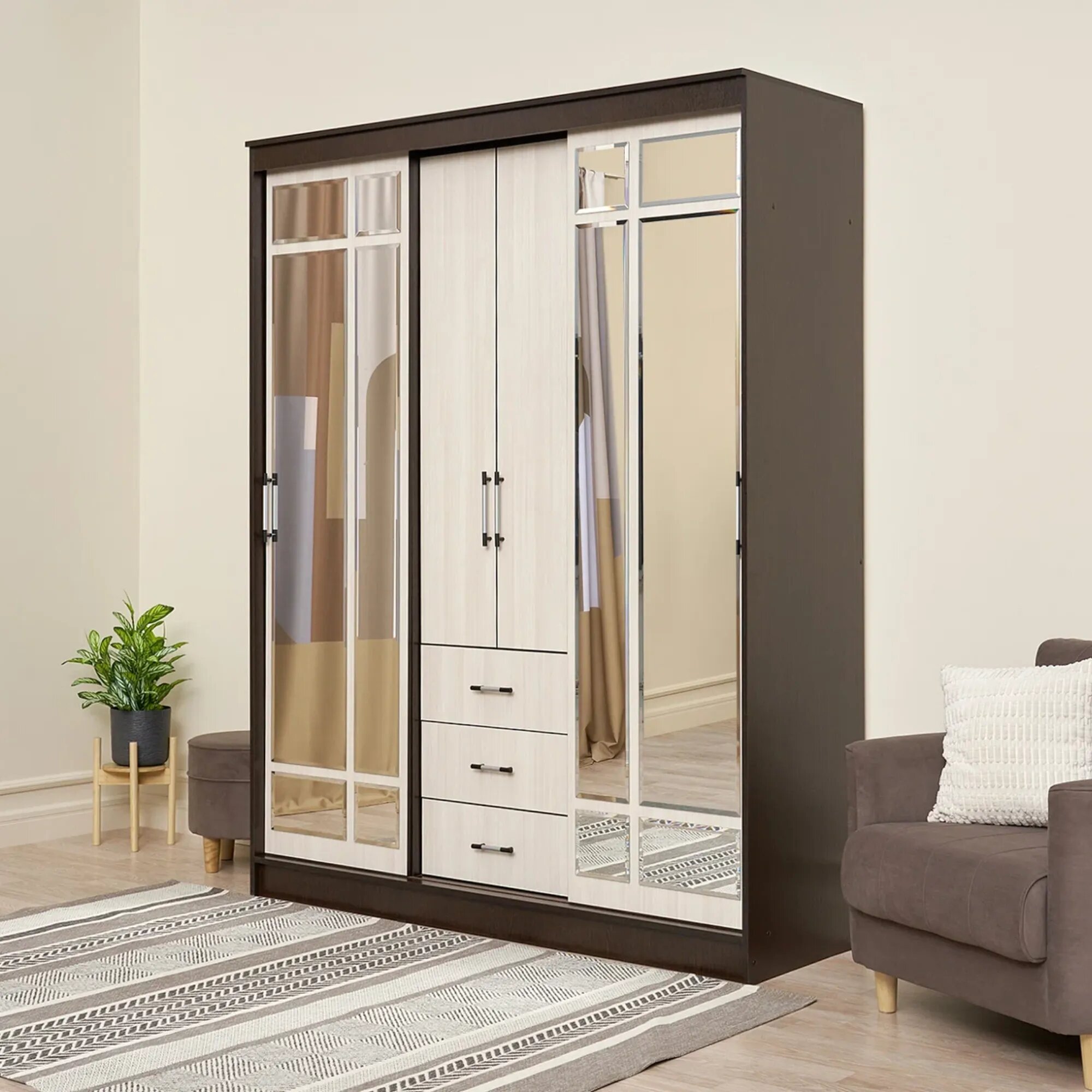 Шкаф-купе для одежды с зеркалом Маэстро, 170х220х57.4 см, Дуб венге / Дуб беленый
