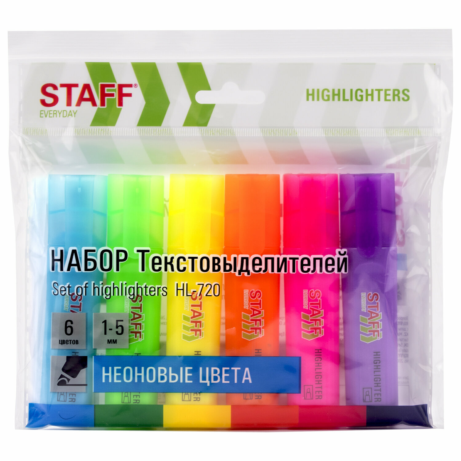 Набор текстовыделителей 6 неоновых цветов, STAFF "EVERYDAY HL-720", линия 1-5 мм, скошенный наконечник, 152556