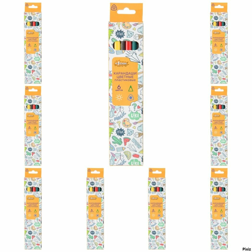 №1 School Карандаши цветные Отличник, 6 цветов, 3-гранные, пластиковый корпус, 9 уп/
