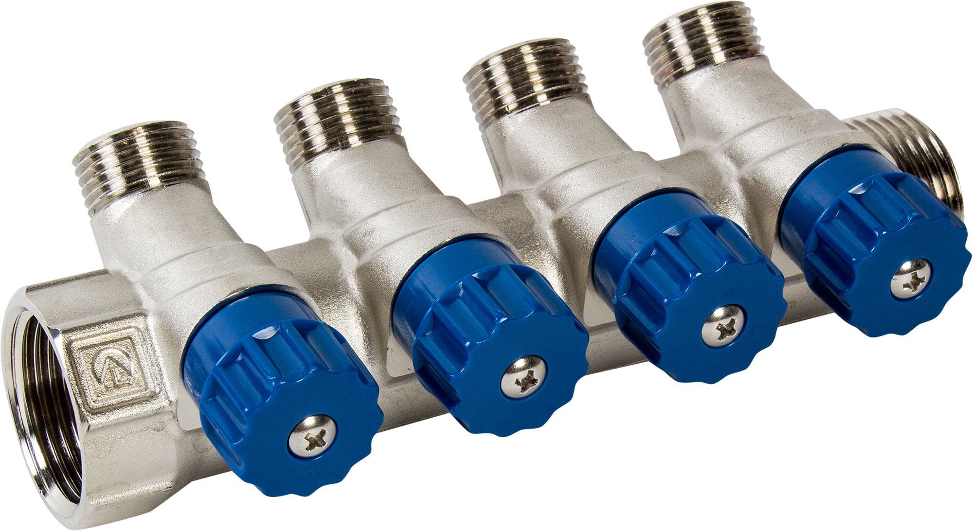 Коллектор с регулирующими вентилями, никелированный, 1"х4 вых. 1/2" наружная Valtec VTc.560. N.0604 Валтек