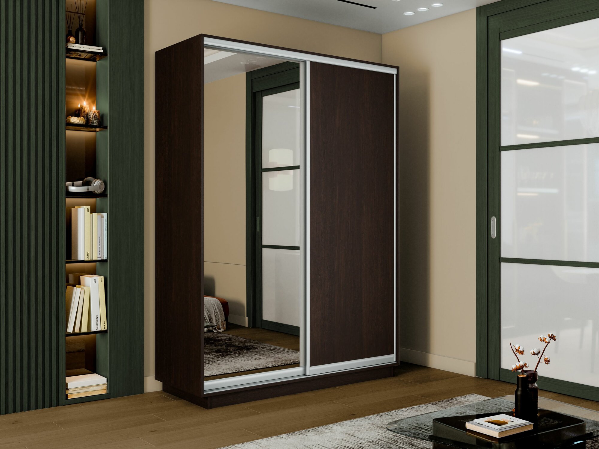 Шкаф купе Вилли 2-х дверный ЛДСП с зеркалом, профиль серебро 120 см х 240 см х 45 см (Венге)