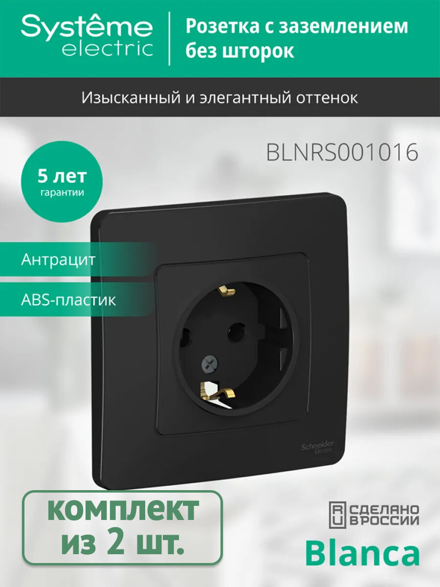 Розетка Systeme Electric Blanca с заземлением, без шторок, 16А, 250В, в сборе, антрацит (комплект из 2 шт.)