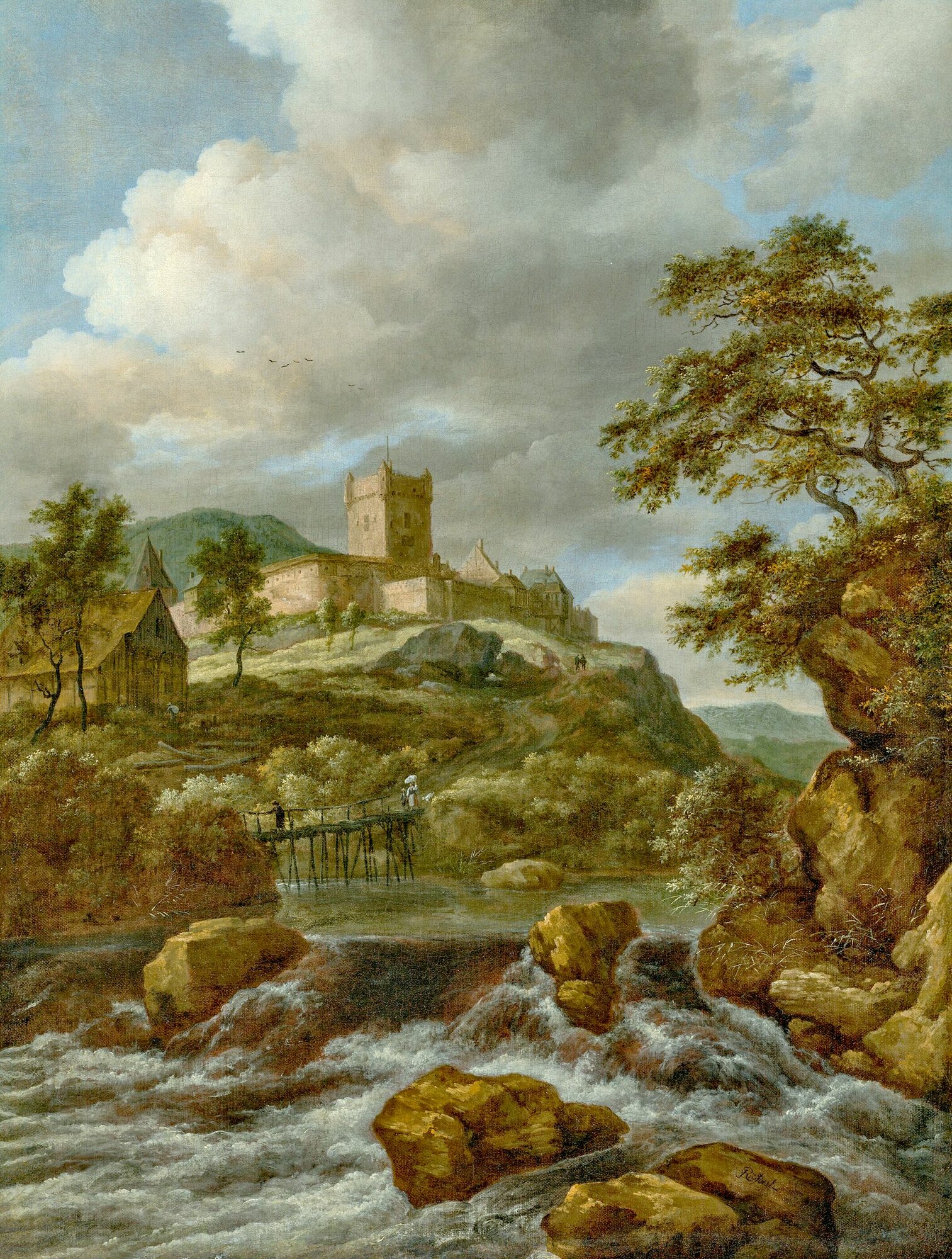 Картина Рёйсдала Якоба Водопад с путешественниками на пешеходном мосту и замком за ним 60х80 см