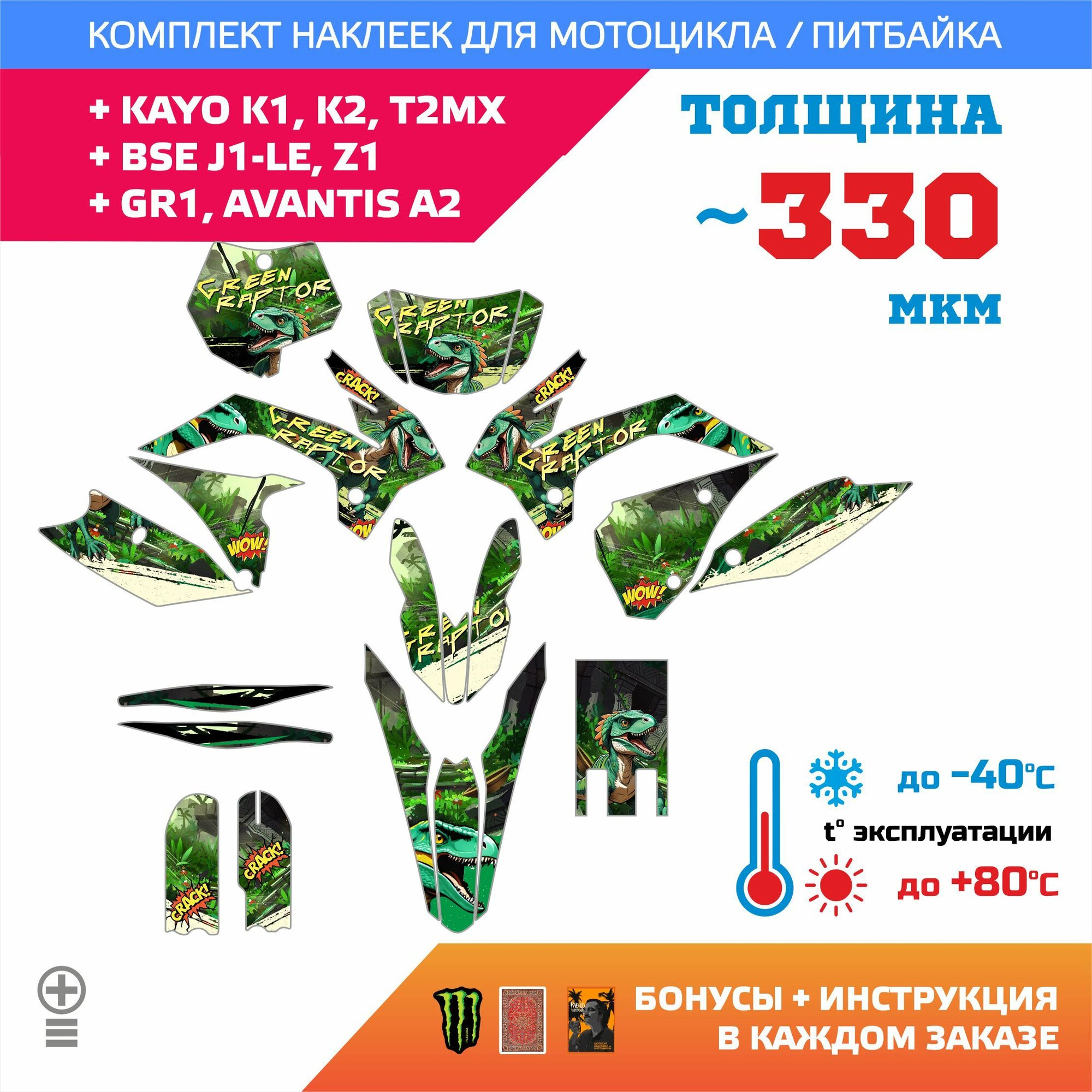 Наклейки 330мкм для KAYO K1, K2, BSE J1-LE, Z1, GR1, AVANTIS A2 Зелёный раптор динозавр прочность: медиум (турист)
