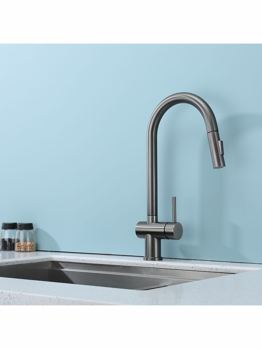 Смеситель Splenka S204.49.09, нержавеющая сталь, аэратор, серый, длина излива 206мм