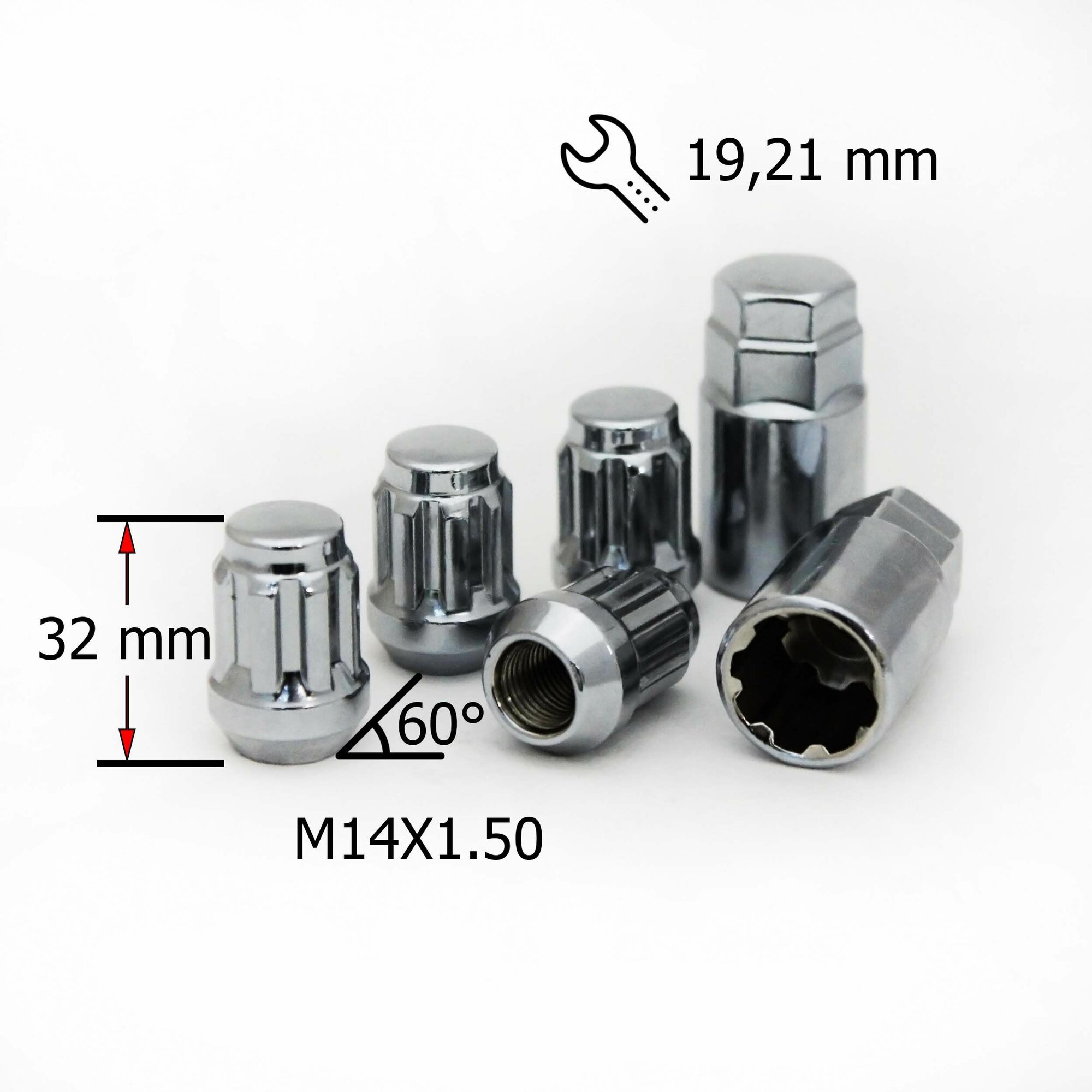 Комплект секретных гаек M14x1,5 высота 32мм Конус, закрытая, 8 лучей, 2 ключа