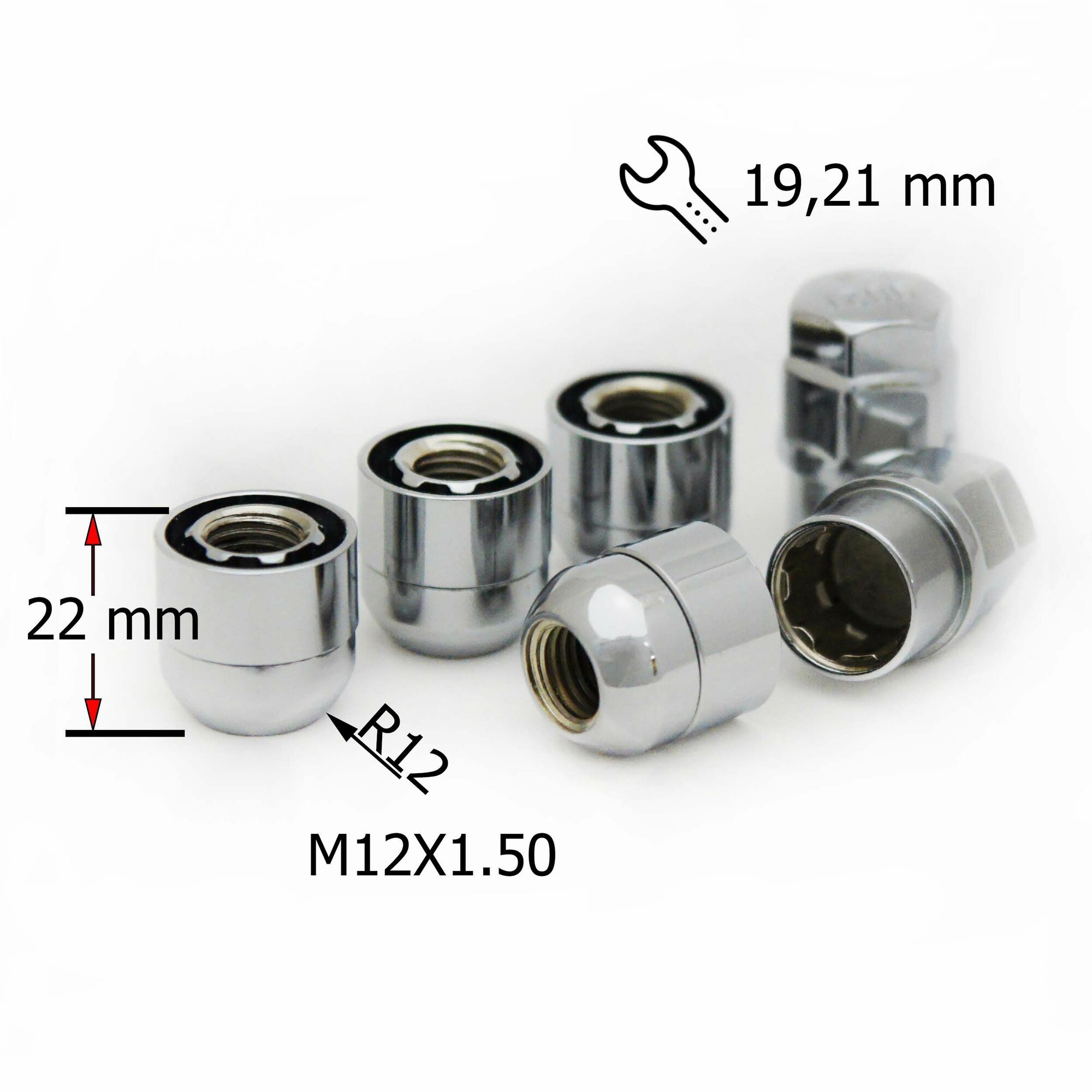 Комплект секретных гаек M12x1,5 высота 22 мм Сфера, открытая, с вращающимся кольцом, 2 ключа