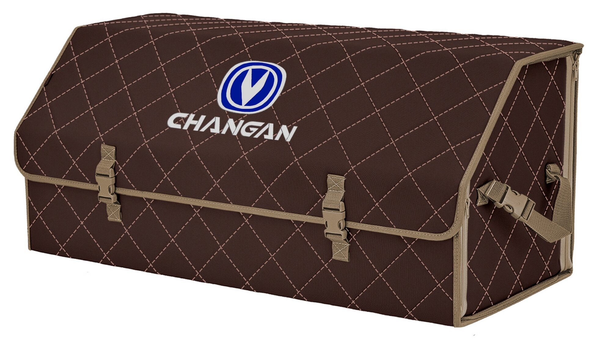 Органайзер-саквояж "Союз" в багажник Changan (Чанган), размер XXL. Цвет: коричневый с бежевой прострочкой Ромб.