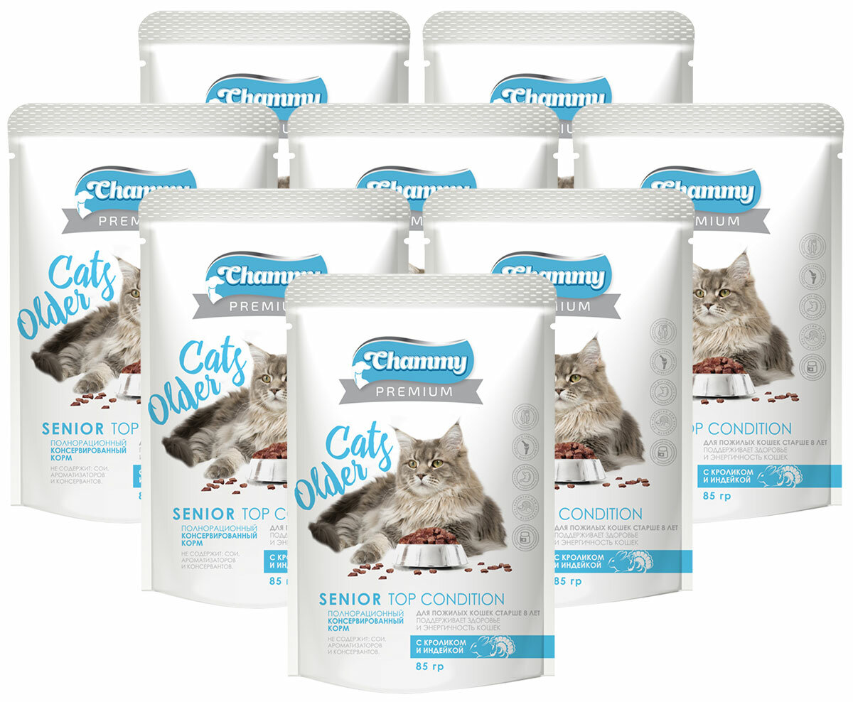 CHAMMY PREMIUM SENIOR для пожилых кошек старше 8 лет с кроликом и индейкой пауч 85 гр 85 гр х 8 шт