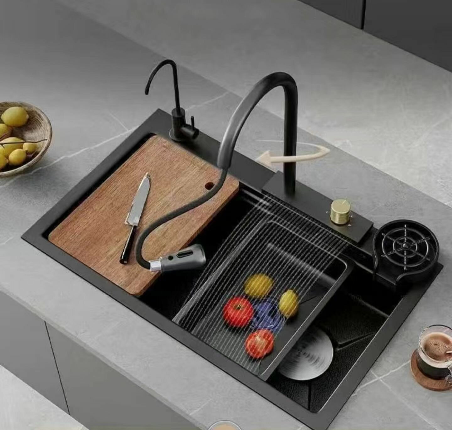 Bстроенная многофункциональная кухонная раковина,650*450, Водопадный кран, дозатор мыла, мойка для чашек, чистый кран/ Автоматический регулятор дренажа