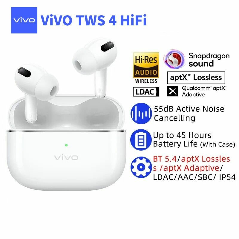 Беспроводные наушники ViVO TWS 4 HiFi True Wireless с активным шумоподавлением 55 дБ, наушники LDAC TWS Bluetooth 5.4 aptX без потерь, LDAC IP54