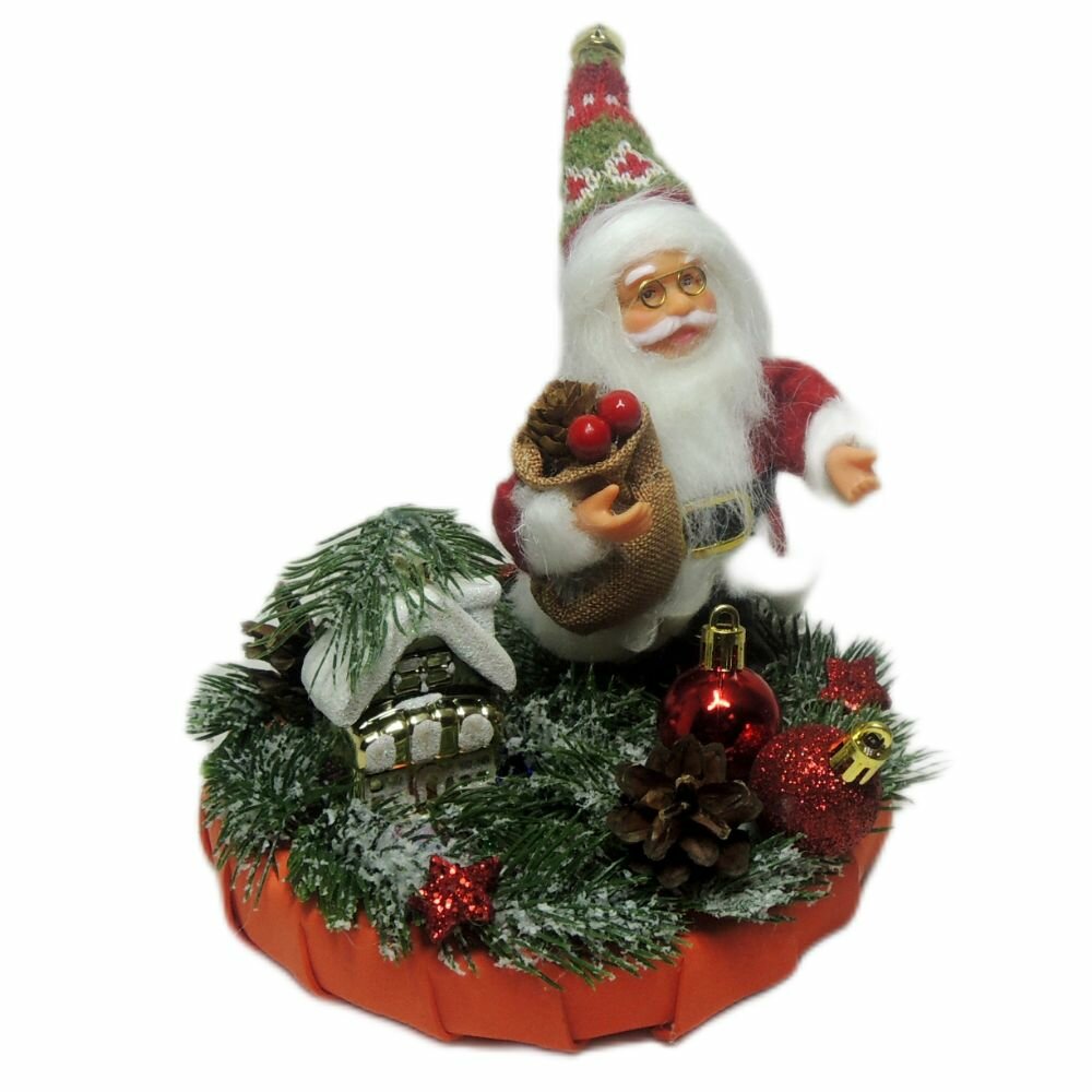 Фигурка новогодняя Дед мороз с золотым домиком и шишками (на оранжевой подставке )