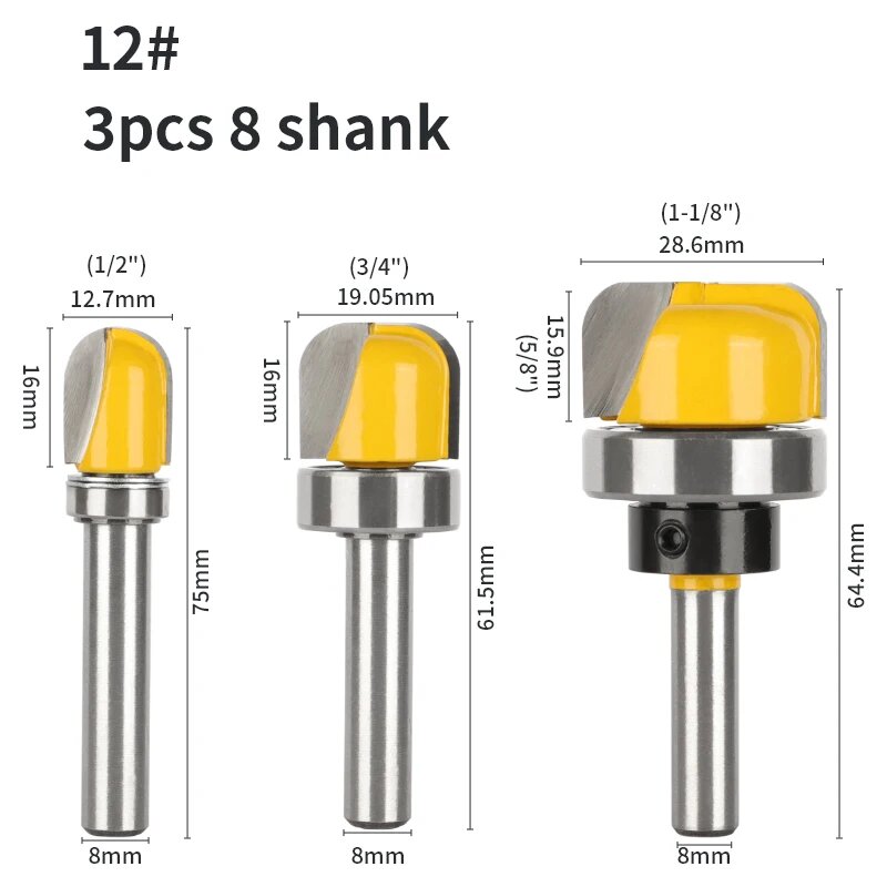 Фрезы из сплава вольфрама и кобальта с круглым носом 6мм, 6.35мм, 8мм, 12мм, 12.7мм 3pcs 8 shank