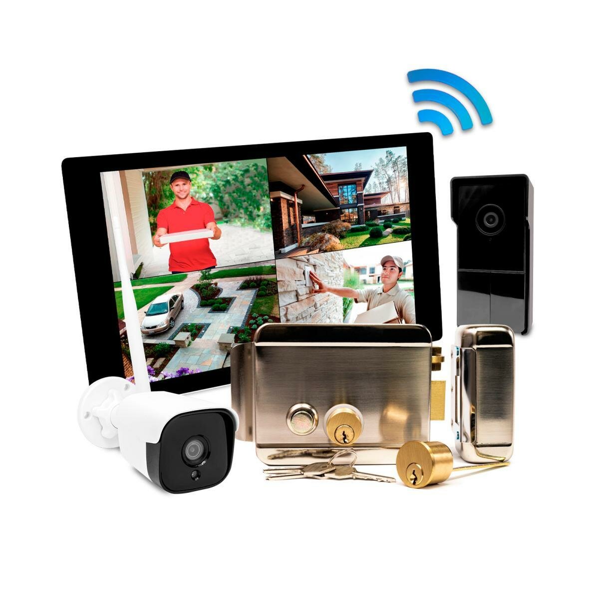 Цветной Wi-Fi домофон TUYA с замком и камерой - SkyNet 1000 (1+1+AX042) (W5173RU): HD экран 10 дюймов, 3MP вызывная видеопанель, замок электромеханич