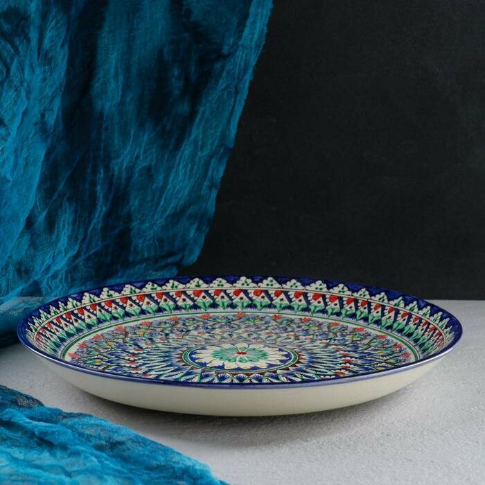 Ляган круглый, 36 см, сине-зелёный узор, блюдо из керамики, узбекская посуда, тарелки для сервировки