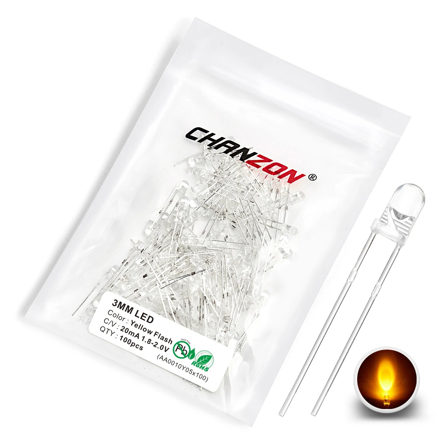 100 шт. светодиоды 3 мм CHANZON Yellow Flash, Clear